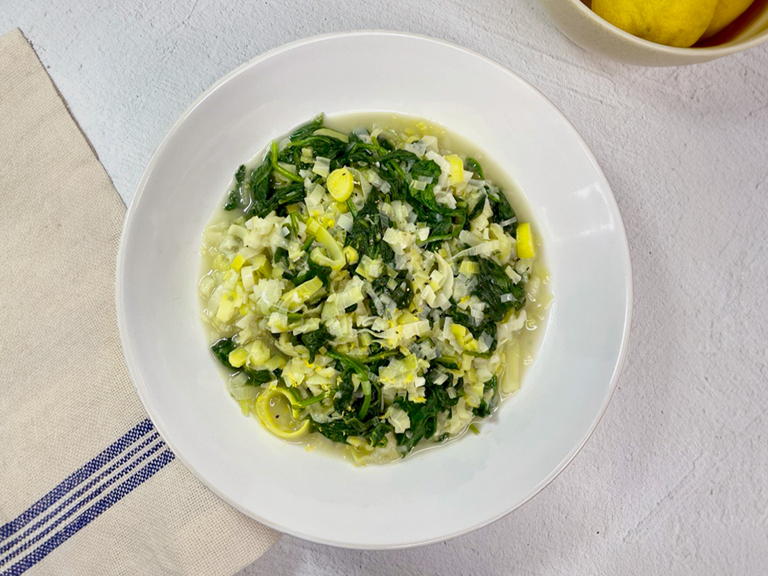 Braised Leeks & Fresh Spinach with Feta & Lemon | Swanson®